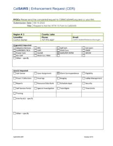 CER- Request to Add the WTW 15 form to CalSAWS – The home of CalSAWS